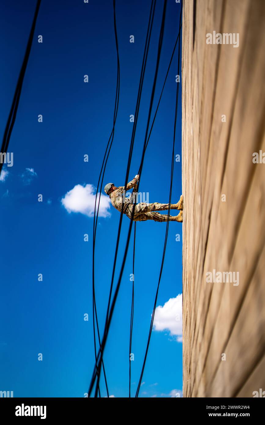 Air Assault candidates rappel off the rappel towers on Camp Buehring ...