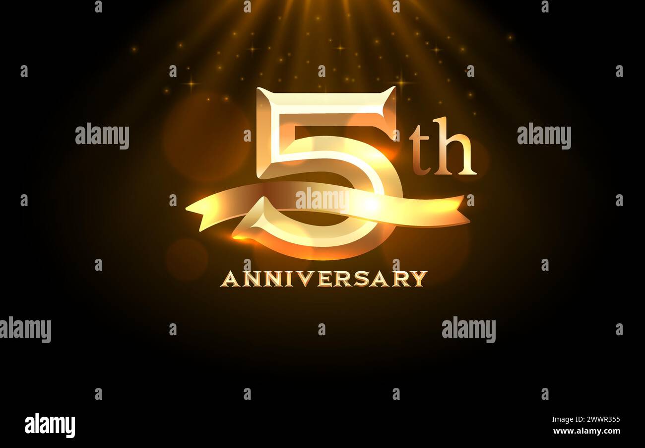 Anniversary 5th year, golden celebration, birthday event. Vector Stock ...