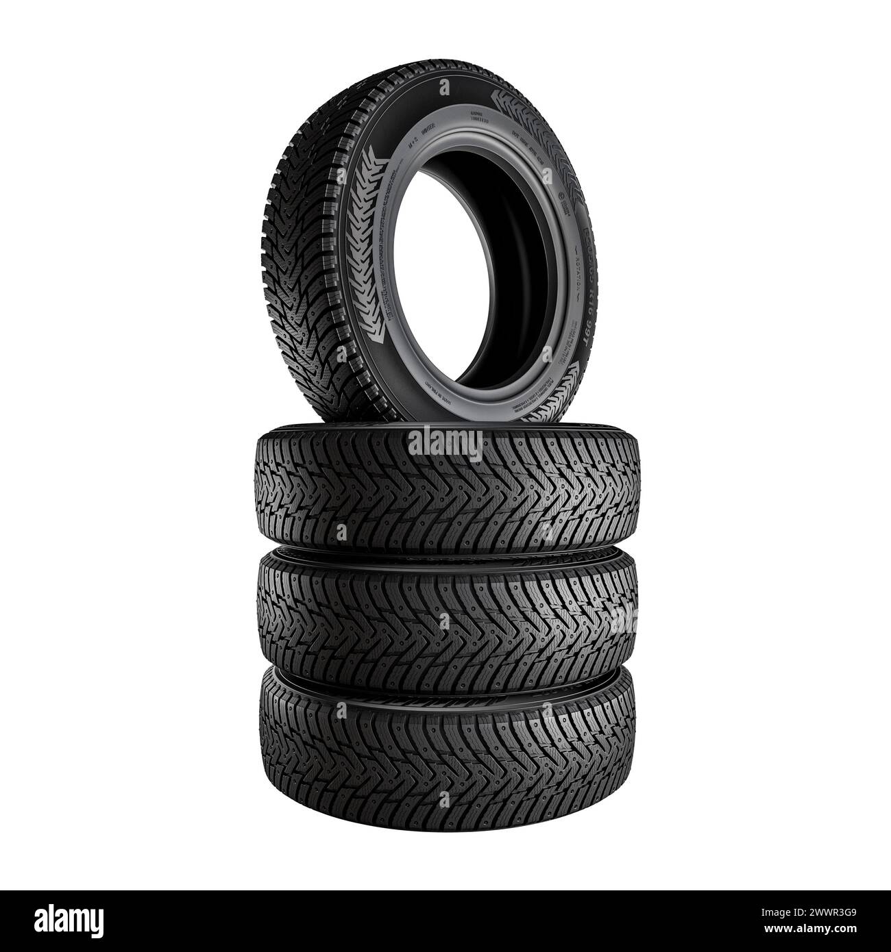 Vertical stack of four new automotive tires isolated on a white ...