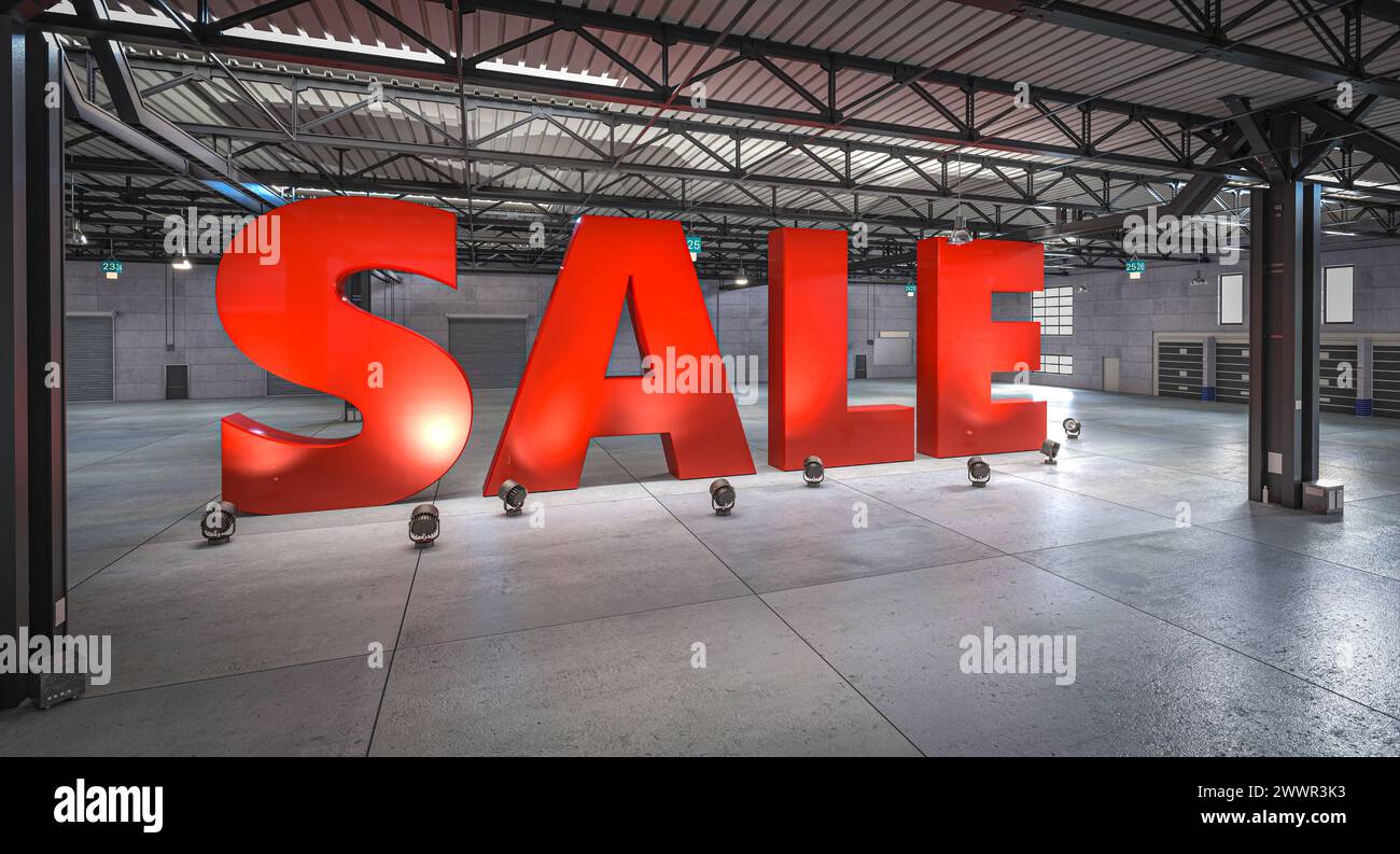 Vibrant red sale sign stands prominently in warehouse setting. 3d ...