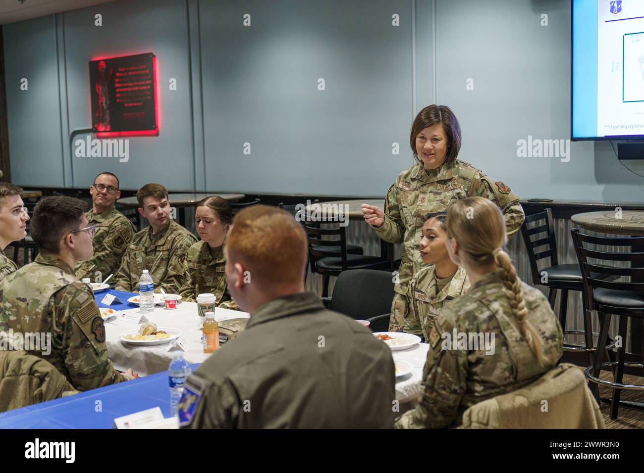 Chief Master Sgt. of the Air Force JoAnne S. Bass speaks to airmen ...