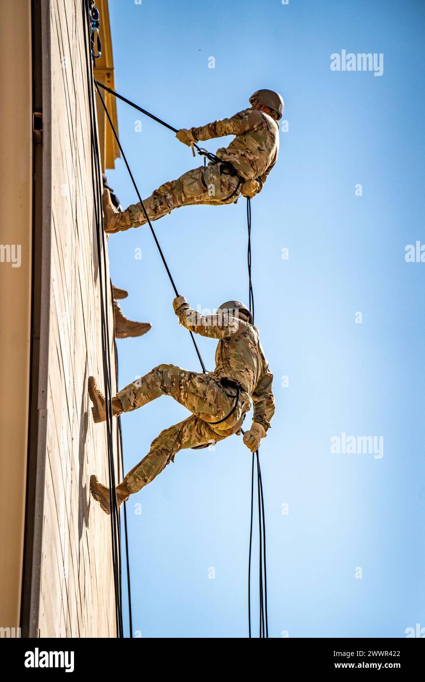 Air Assault candidates rappel off the rappel towers on Camp Buehring ...