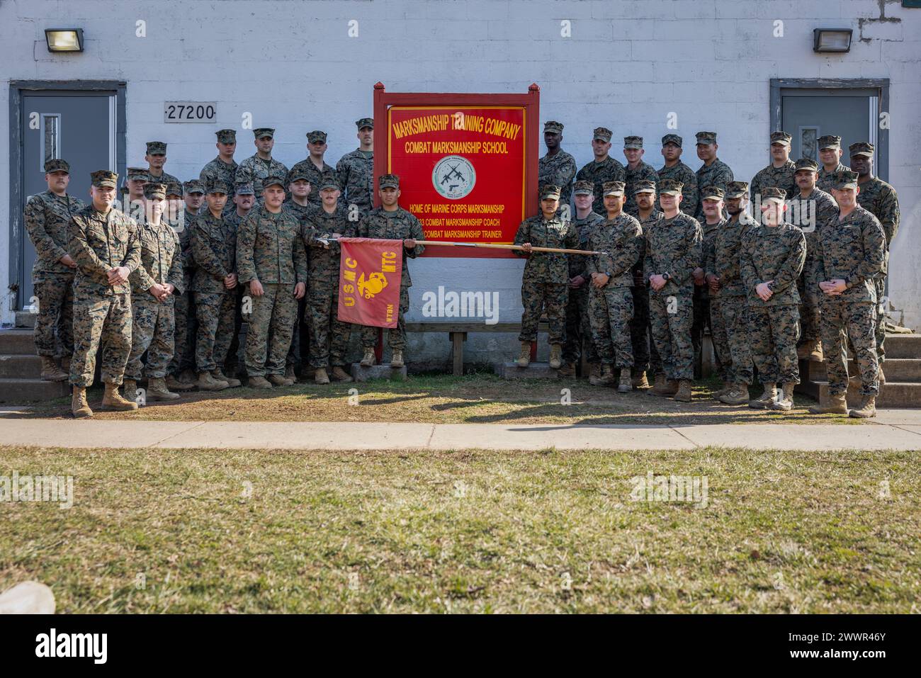 U.S. Marines with the Marksmanship Training Company pose for a group ...