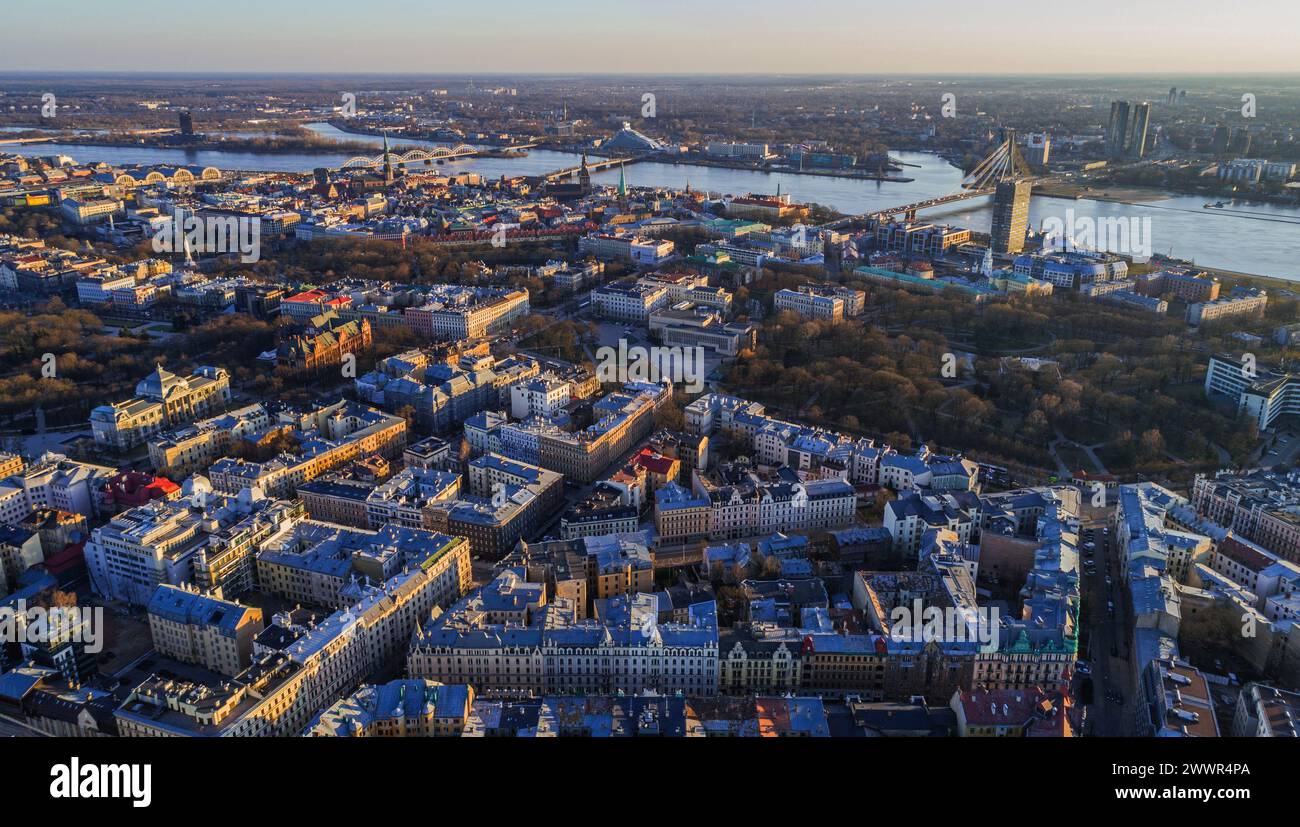 Beautiful aerial panorama view of Riga city skyline, Latvia Stock Photo ...