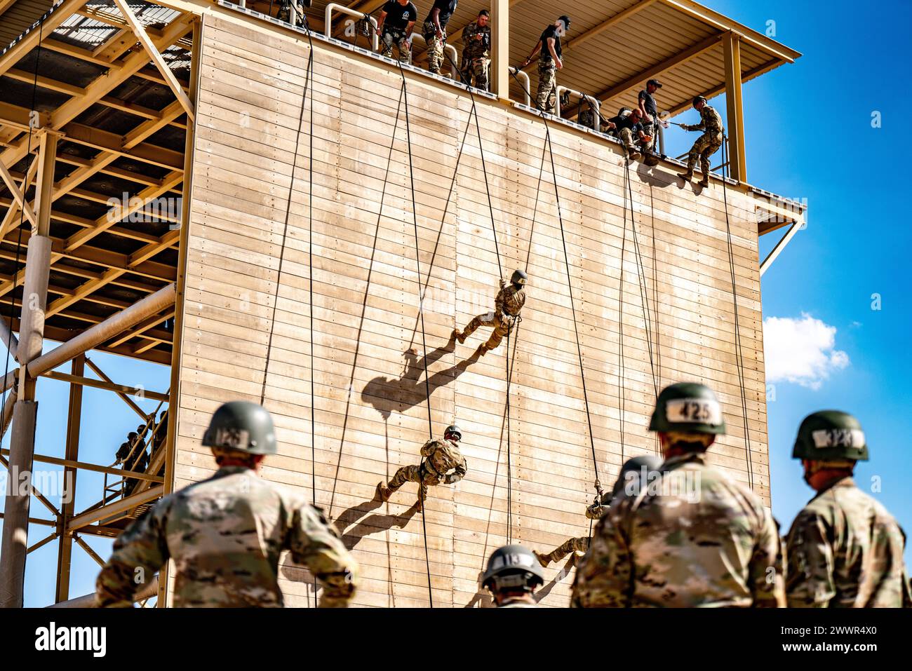 Air Assault candidates rappel off the rappel towers on Camp Buehring ...