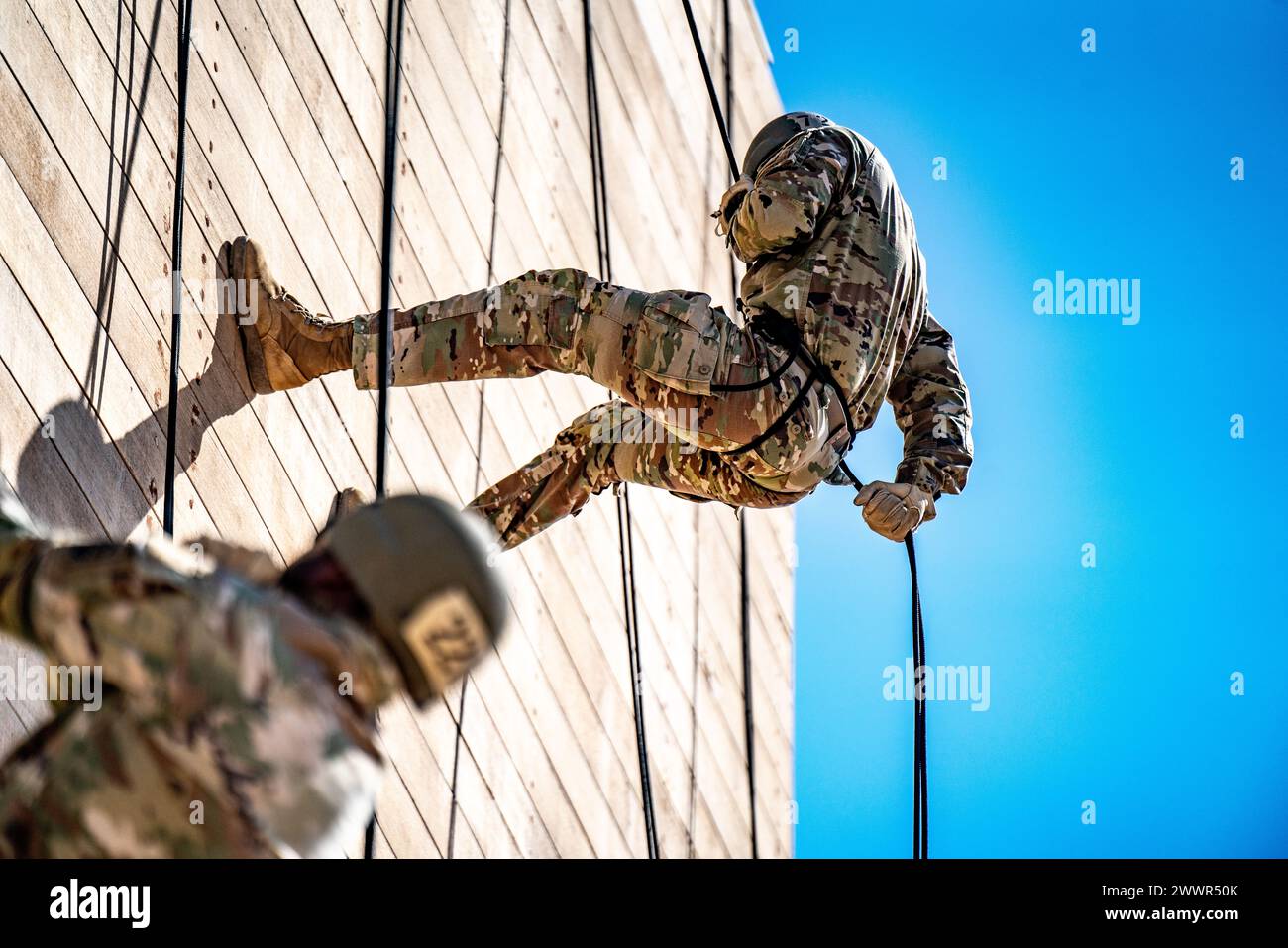Air Assault candidates rappel off the rappel towers on Camp Buehring ...
