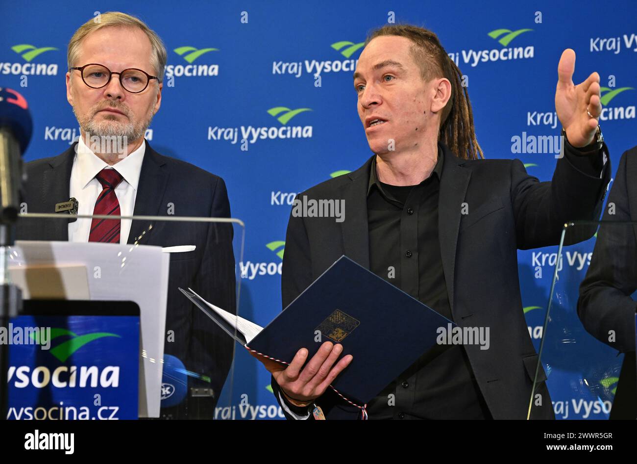 Trebic, Czech Republic. 25th Mar, 2024. From left Czech Prime Minister ...