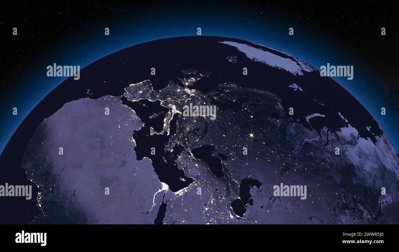 Earth globe by night focused on Europe. Dark side of Earth with ...