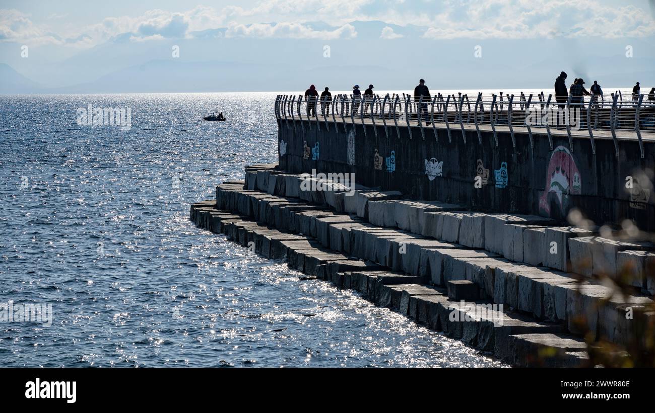 People walking along a concrete dock at Ogden Point that is a deep ...