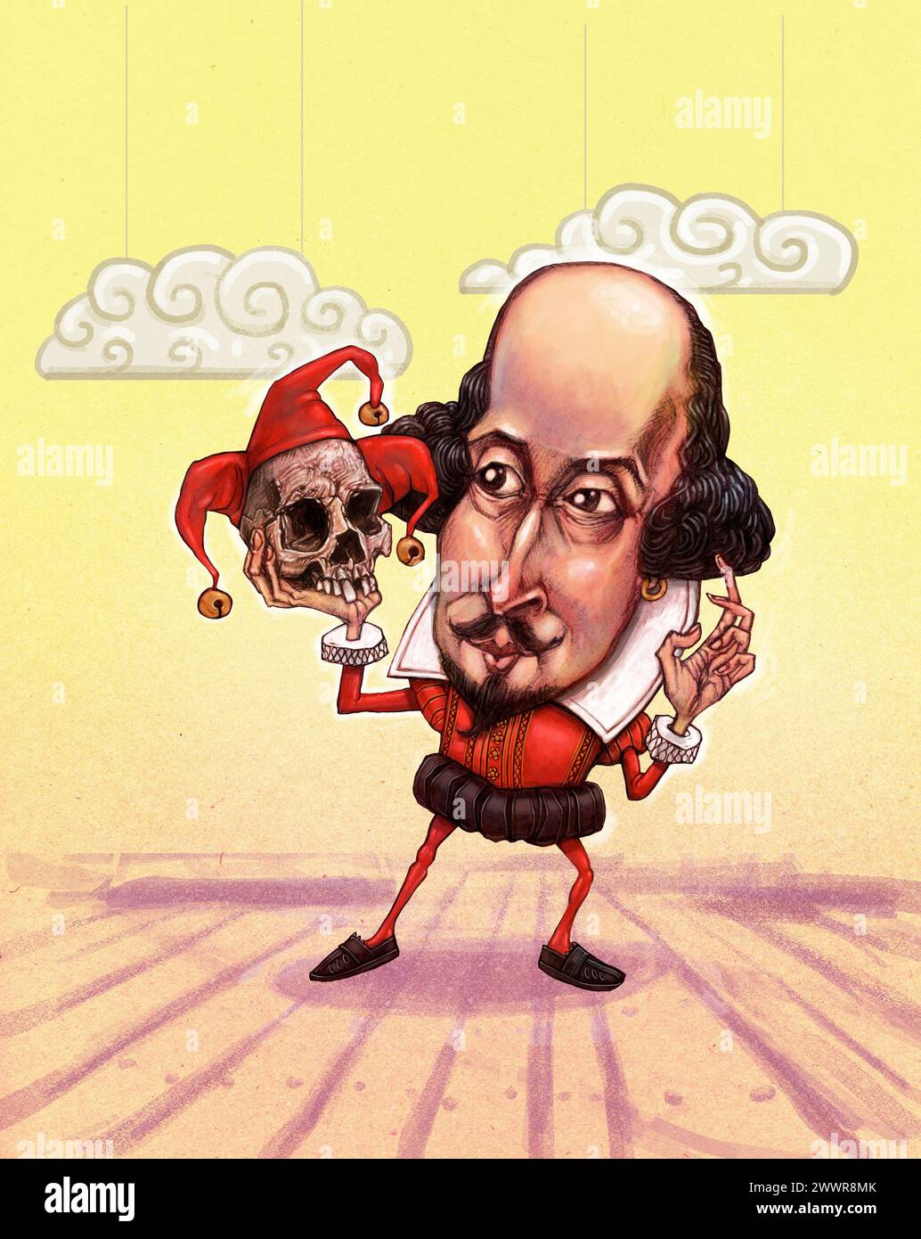 Art illustration playwright dramatist William Shakespeare holding skull ...