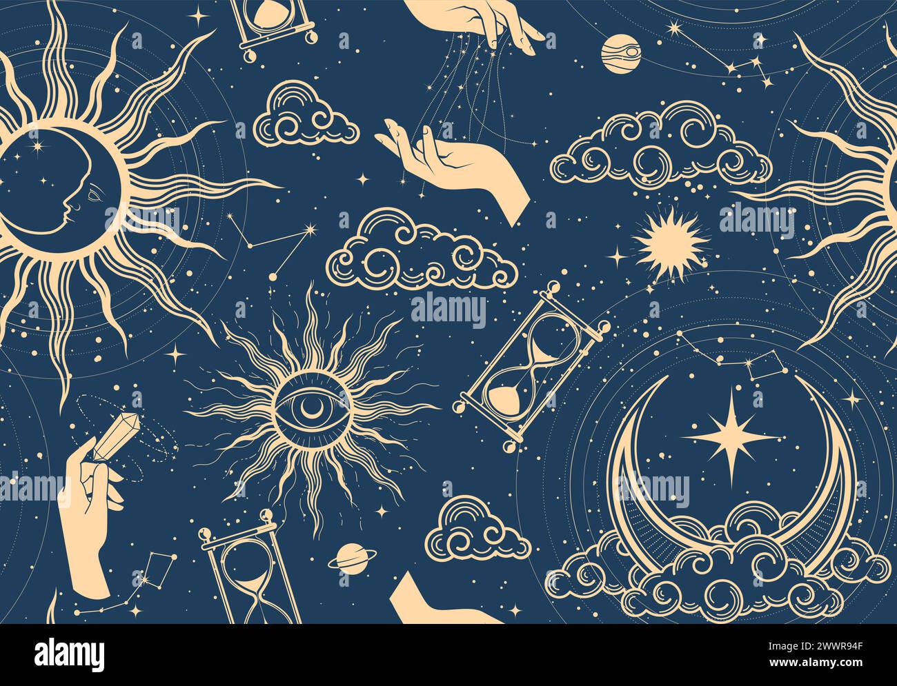 Seamless mystic space pattern with sun, moon and hands of sorceress ...