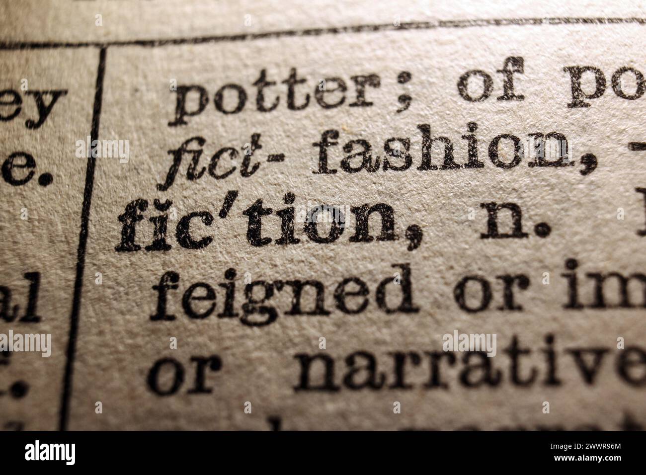Word fiction on dictionary page, macro close-up Stock Photo - Alamy