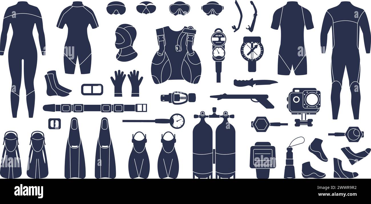 Flat diving black icons. Scuba divers suits, tools and equipment. Snorkeling accessories for ...