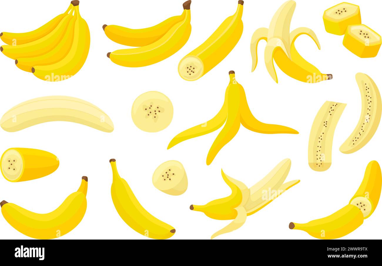 Cartoon bananas. Fresh isolated banana, cuts slices, in peel and peeled ...