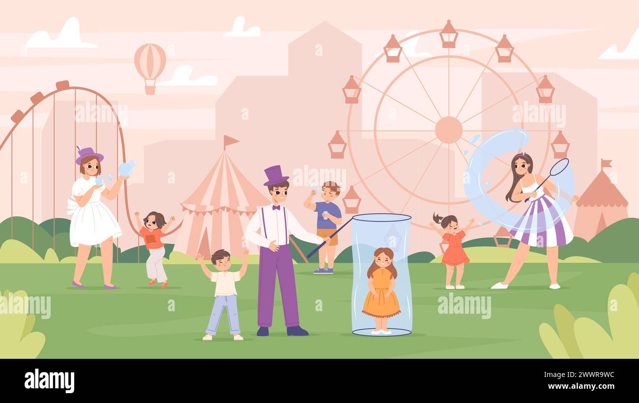 Bubbles show in park. Soap bubble performance for little children on ...