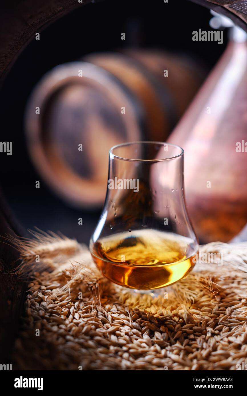 A glass of whiskey in old oak barrel. Copper alambic (distiller) on ...