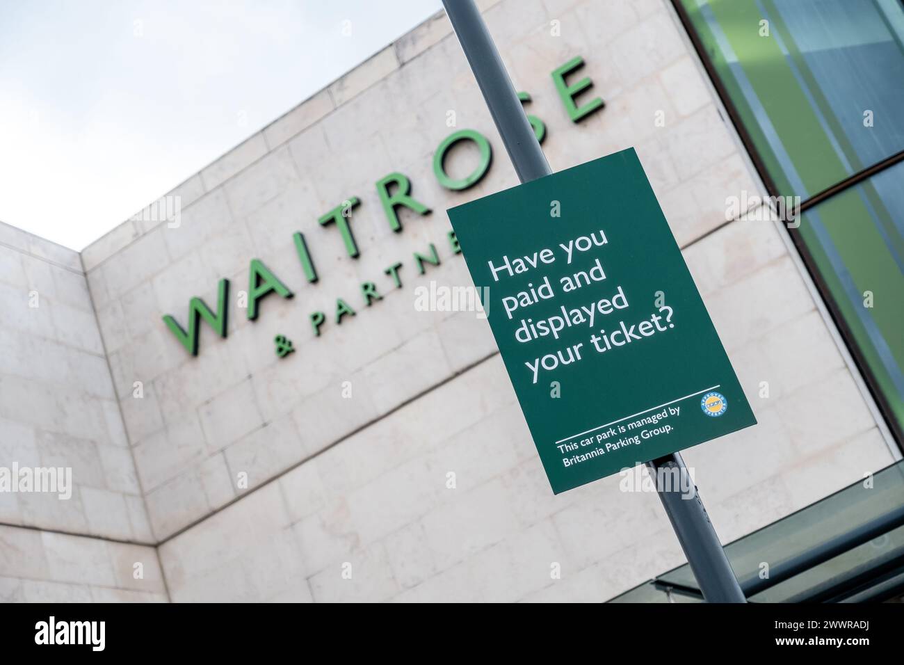 Have you paid and displayed your ticket? Waitrose car park sign Stock ...