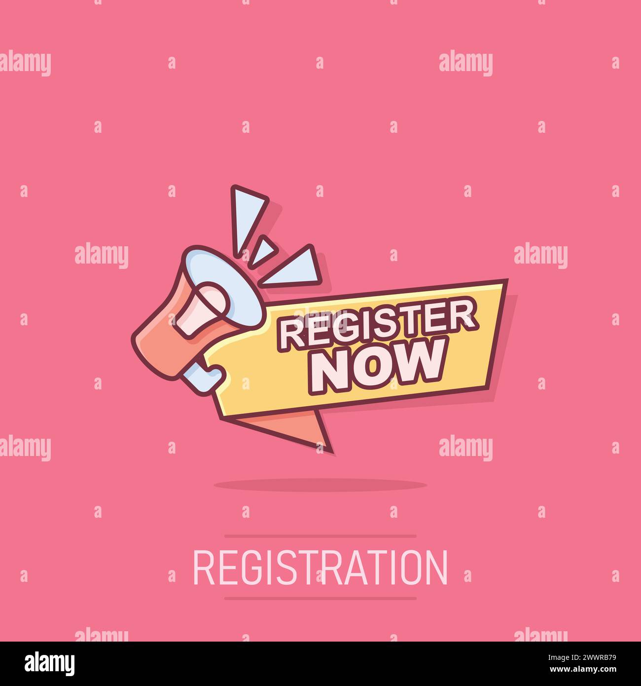 Register now icon in comic style. Registration cartoon vector ...