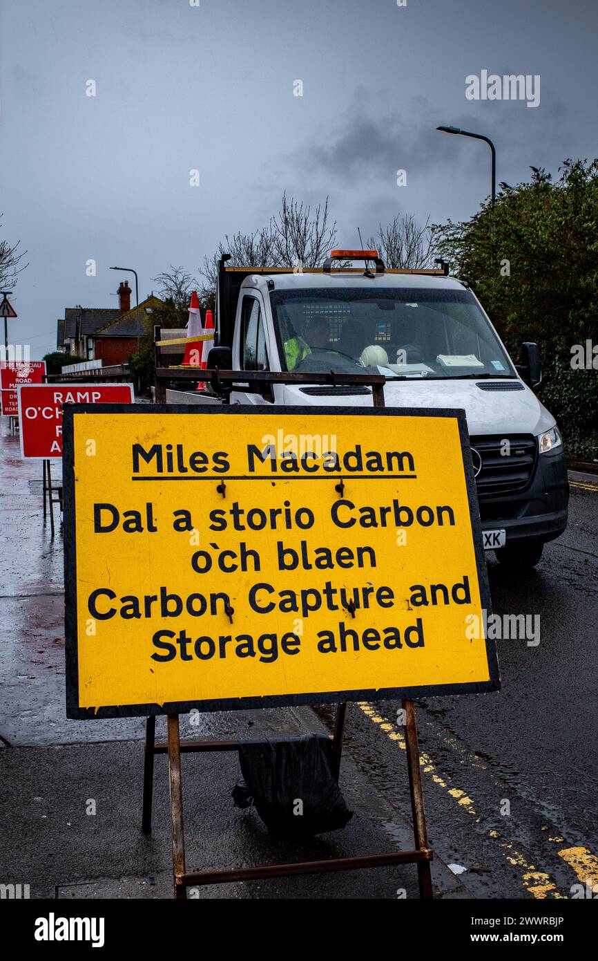 Carbon Capture and Storage Road Sign at roadworks in Wales. Bilingual ...