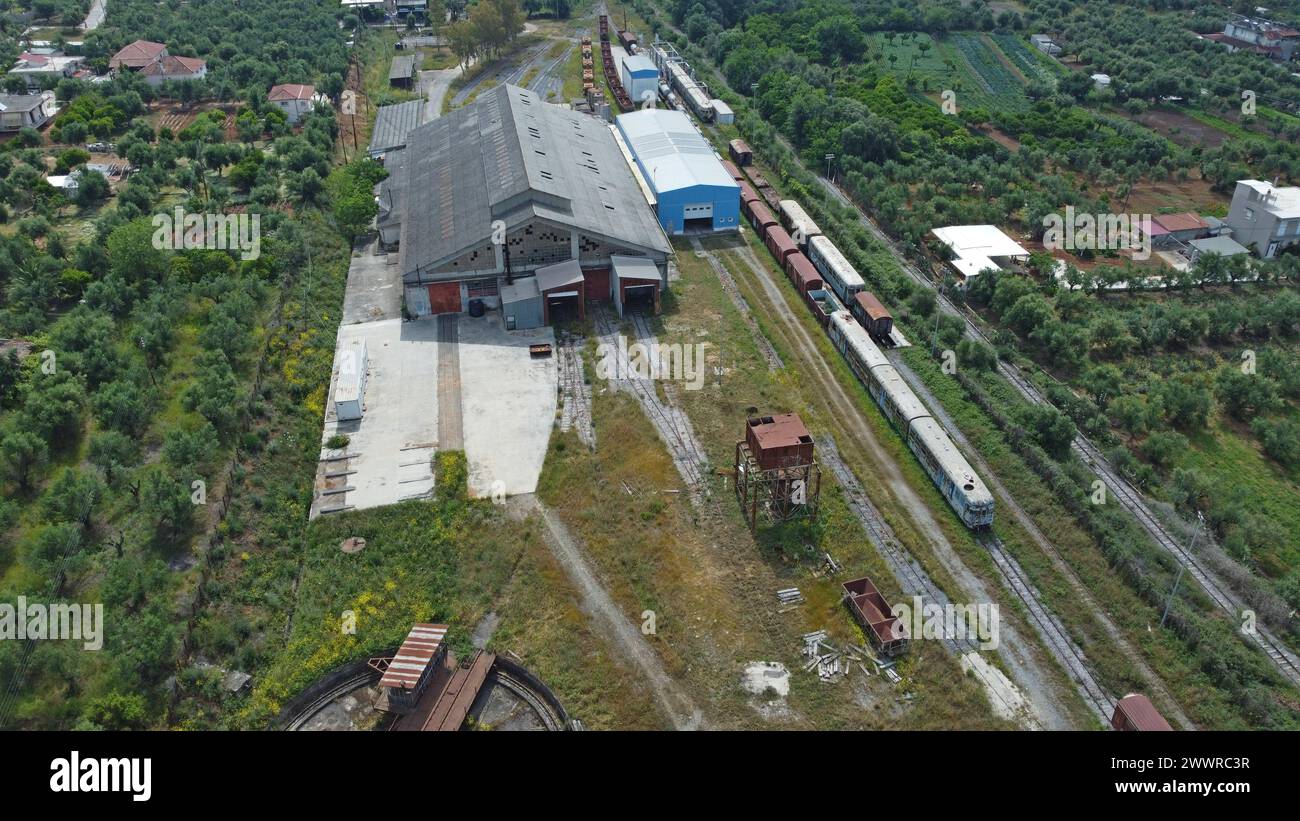 Drone aerial view of the disused abandoned OSE greek railways ...