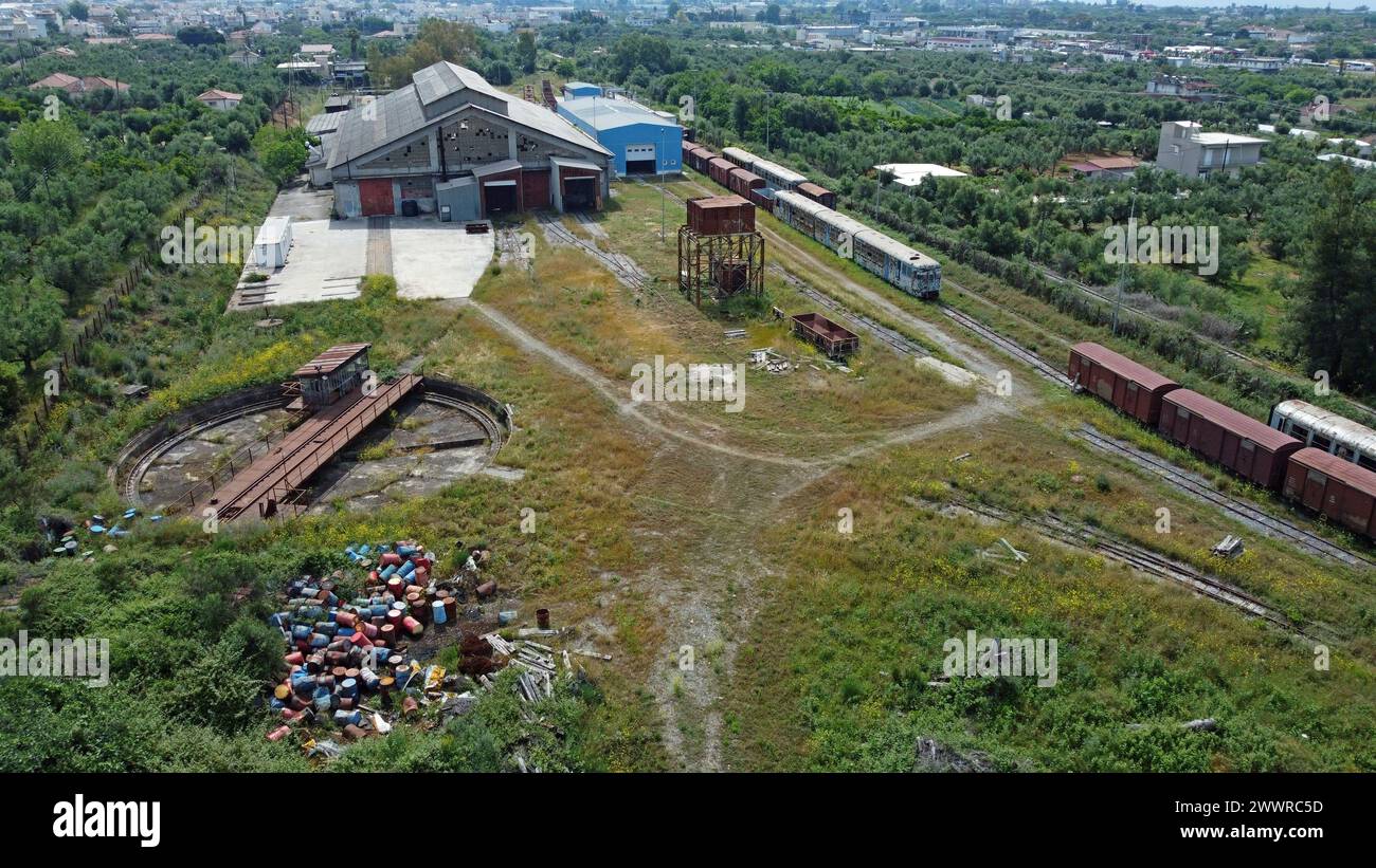 Drone aerial view of the disused abandoned OSE greek railways ...