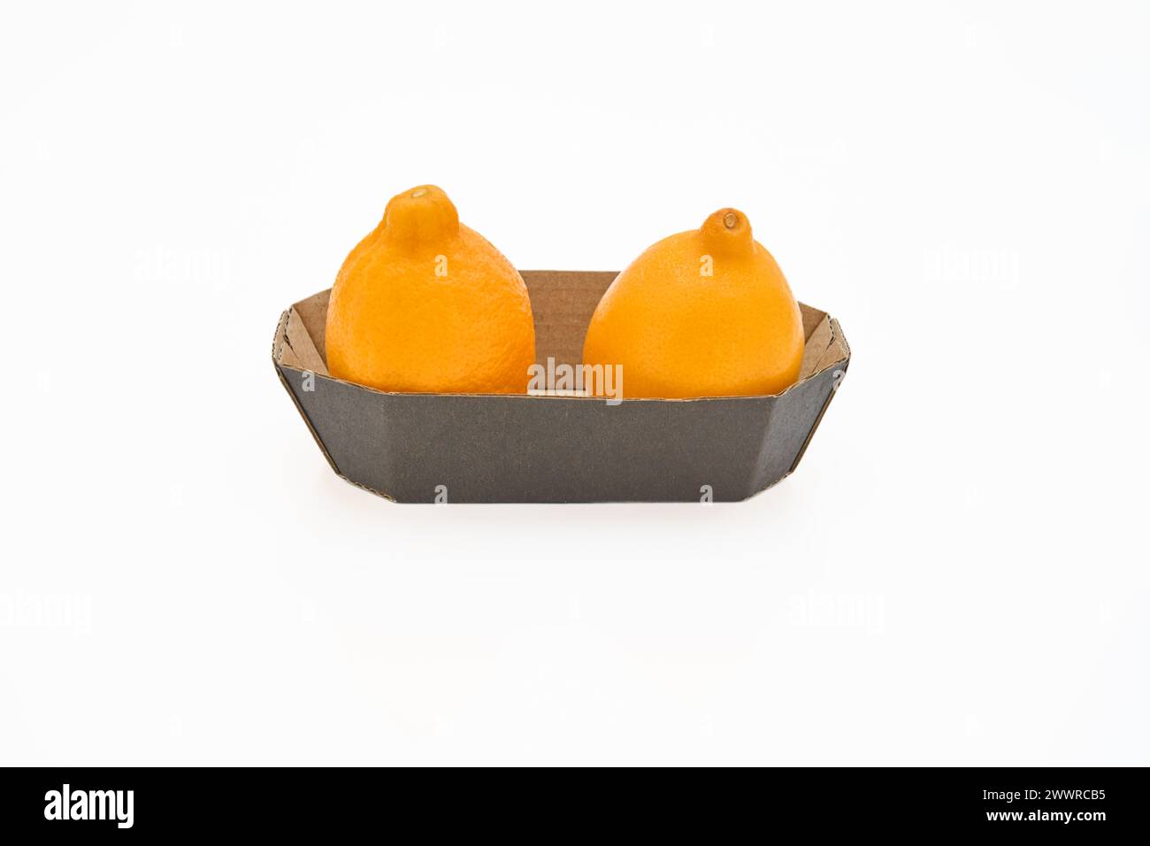 two juicy lemons in a small cardboard box on a white background, juicy ...