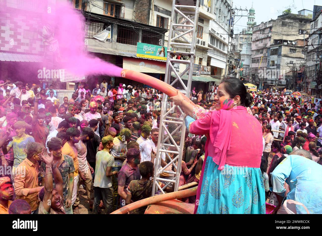 Guwahati, India. 25th Mar, 2024. People celebrate the Holi festival in ...