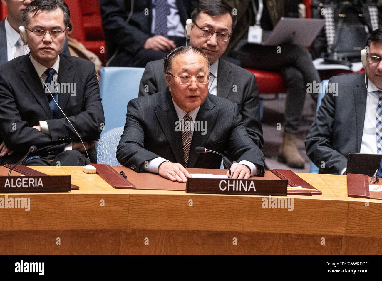 Ambassador Zhang Jun of China speaks during SC meeting and voting on ...