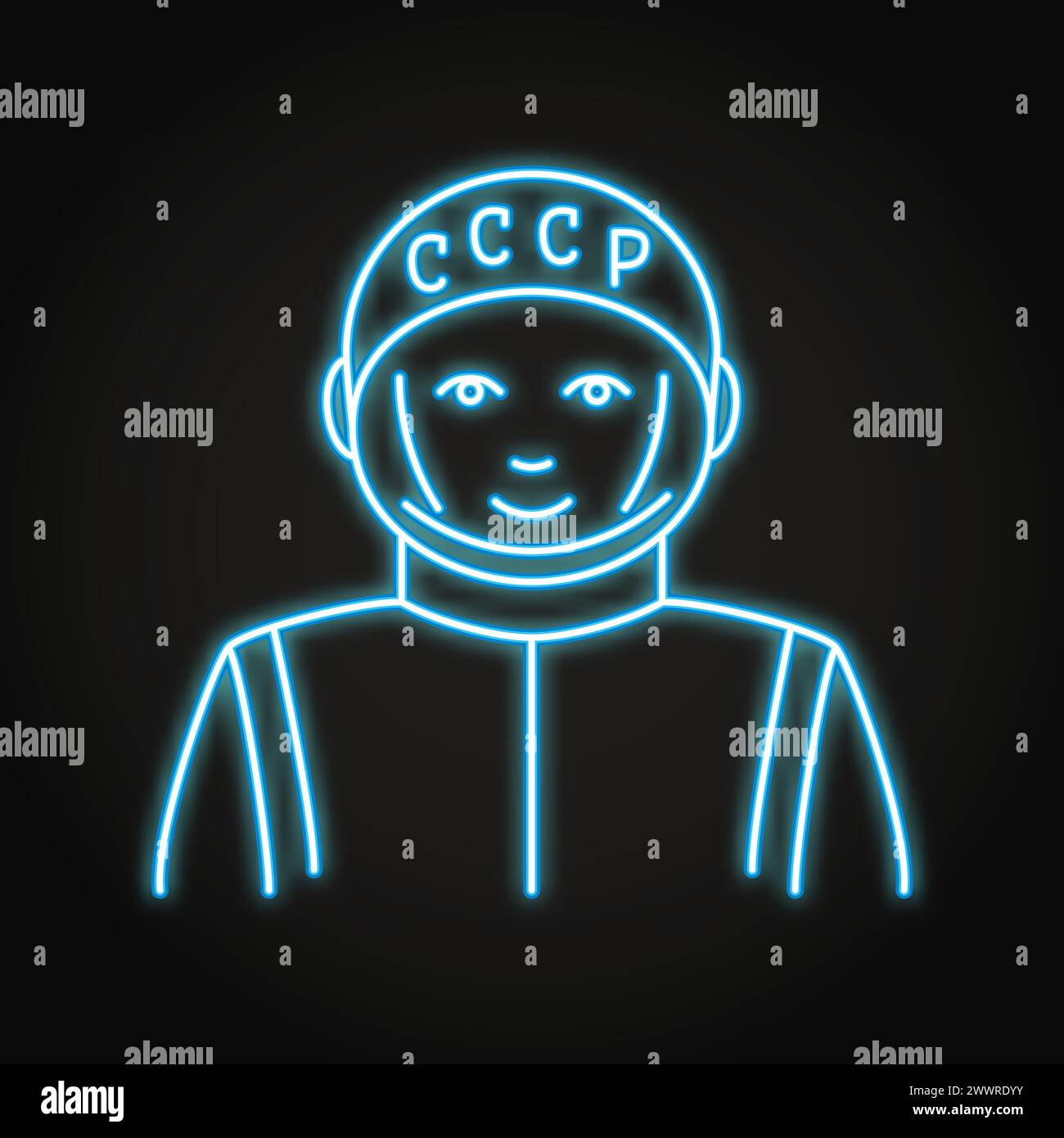 Soviet astronaut neon line icon. Cosmonaut from USSR in space suit ...