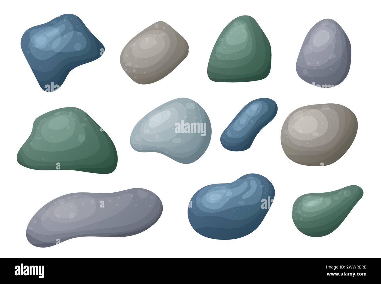 Round smooth pebble stone collection. Organic shape rock isolated ...