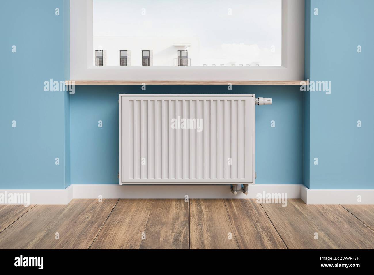 Common home panel heating radiator installed under the window - 3d ...