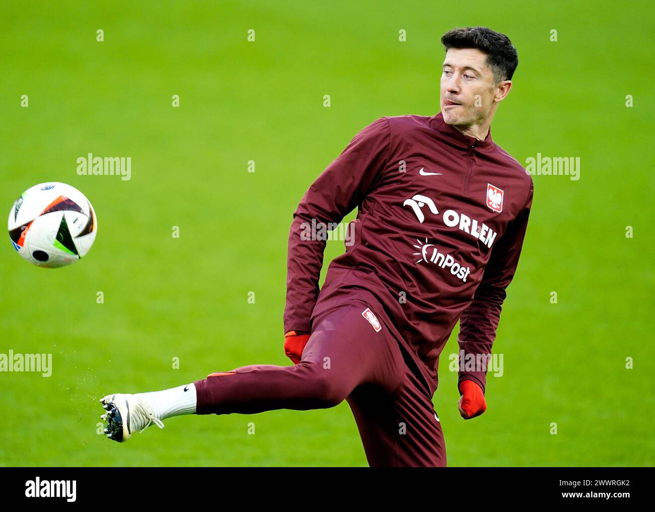 Poland's Robert Lewandowski during a training session at the Cardiff ...