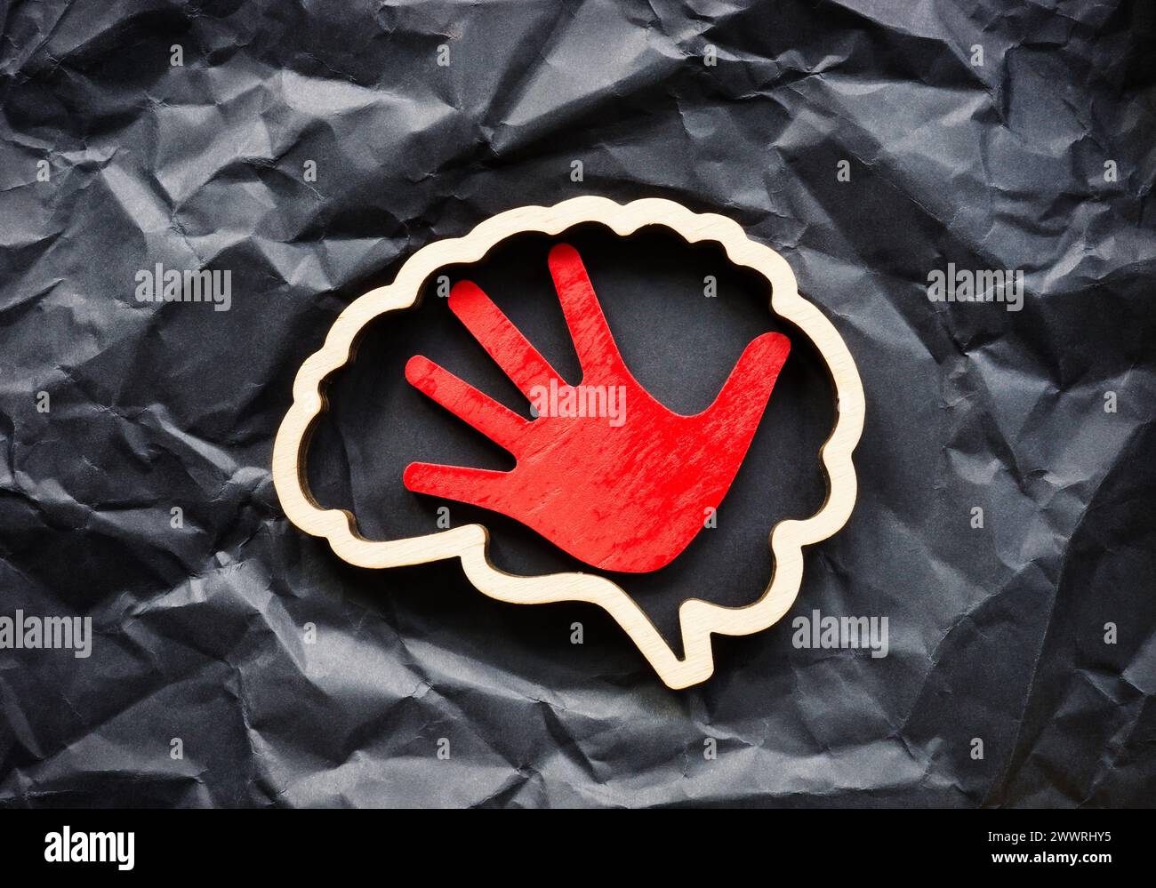 Red palm and brain as a symbol of Overthinking, fears and obsessive ...