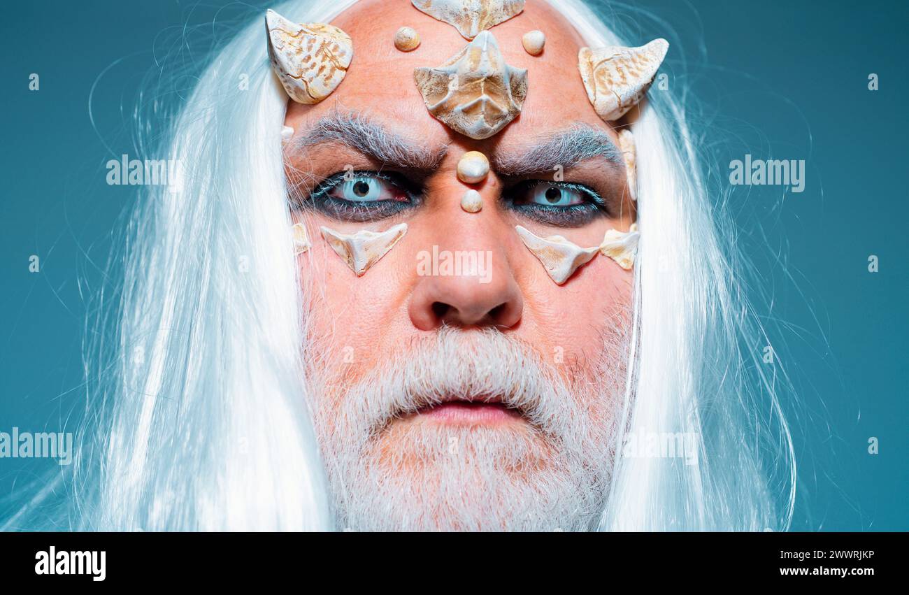 Horror with scary Halloween man. Vampire man with white eyes. Viking ...