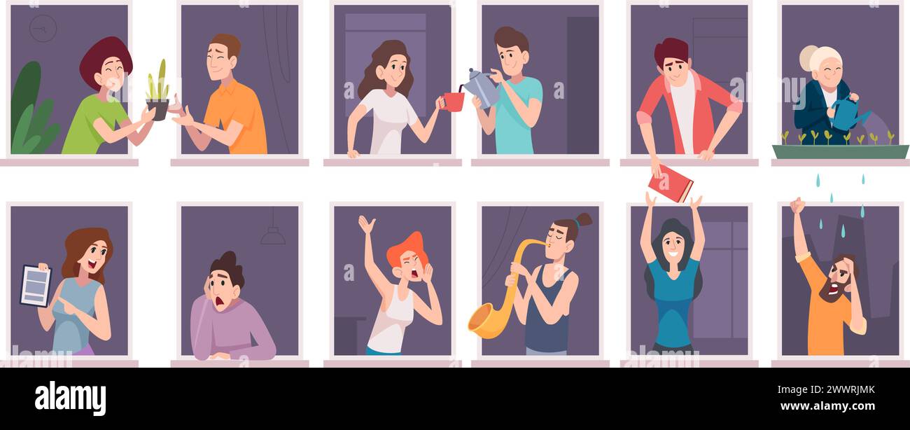 People in window. Neighbors help through window frames exact vector ...