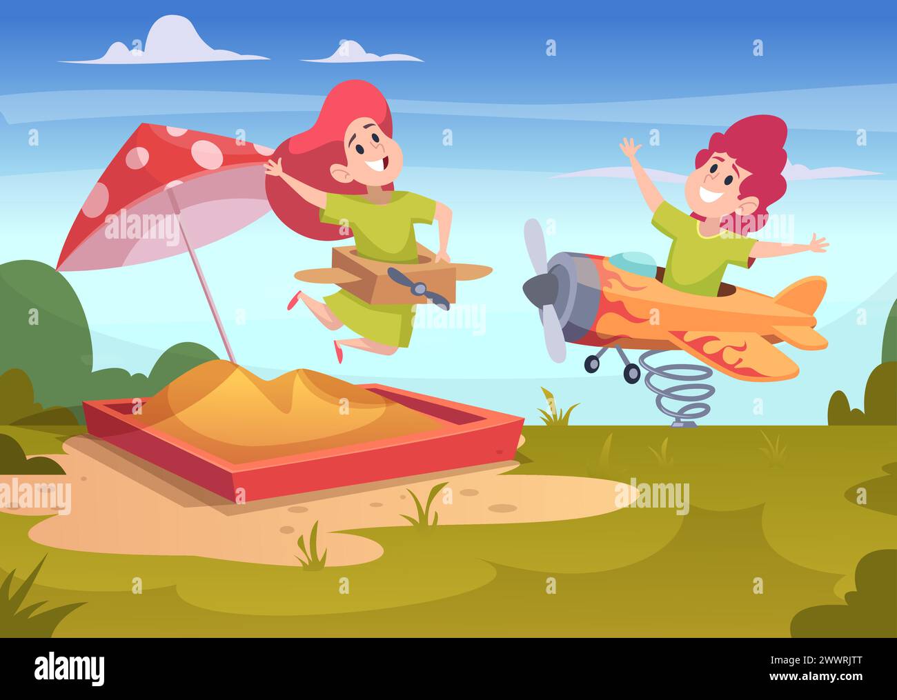 Kids playground kids playing outdoor with airplane toys flying and ...