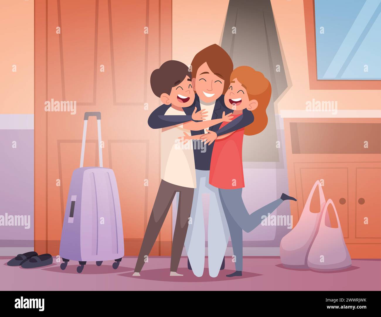 Happy kids. Vector cartoon background family hugging kids and parents ...