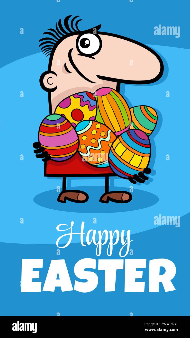 Cartoon illustration of funny man with painting Easter egg greeting ...