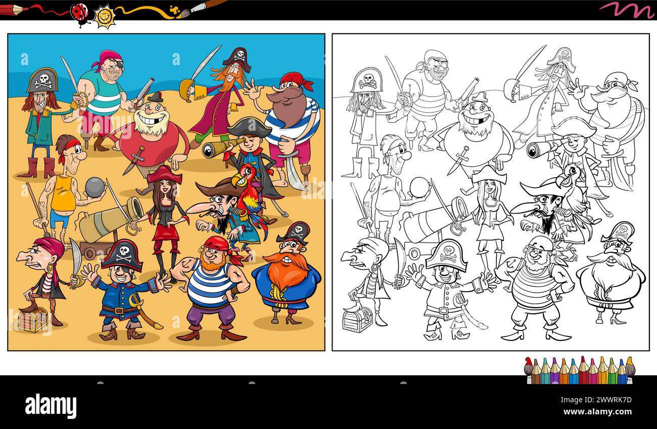 Cartoon illustration of funny pirates characters group coloring page ...