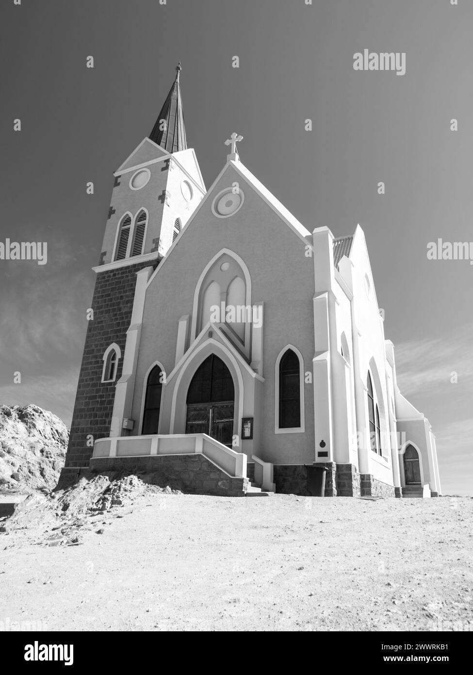German colonial church in namibian Luderitz, Namibia. Black and white ...