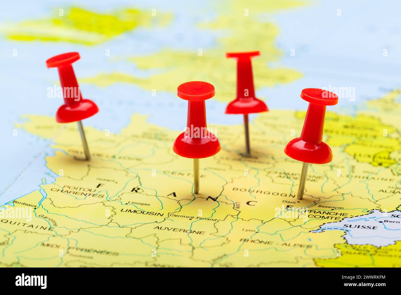 Travel destination points on a map indicated with colorful thumbtacks ...