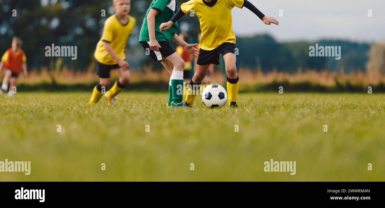 Boys in Football Teams Kicking Ball on Grass Field. Children Playing ...