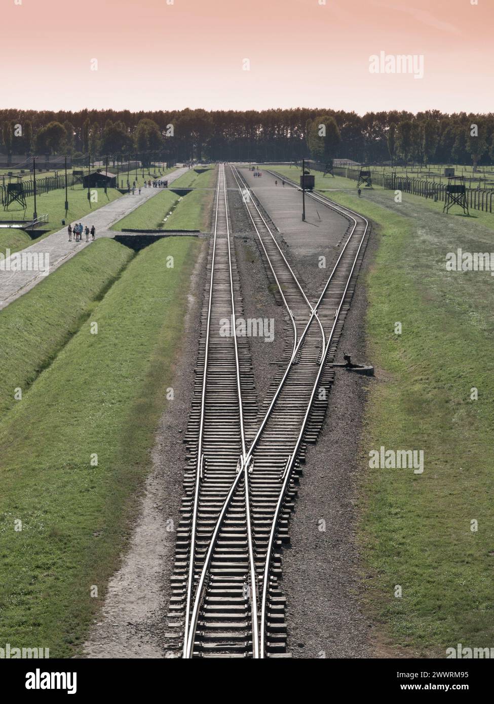 Aerial view of train station with platform in Auschwitz - Birkenau, or ...