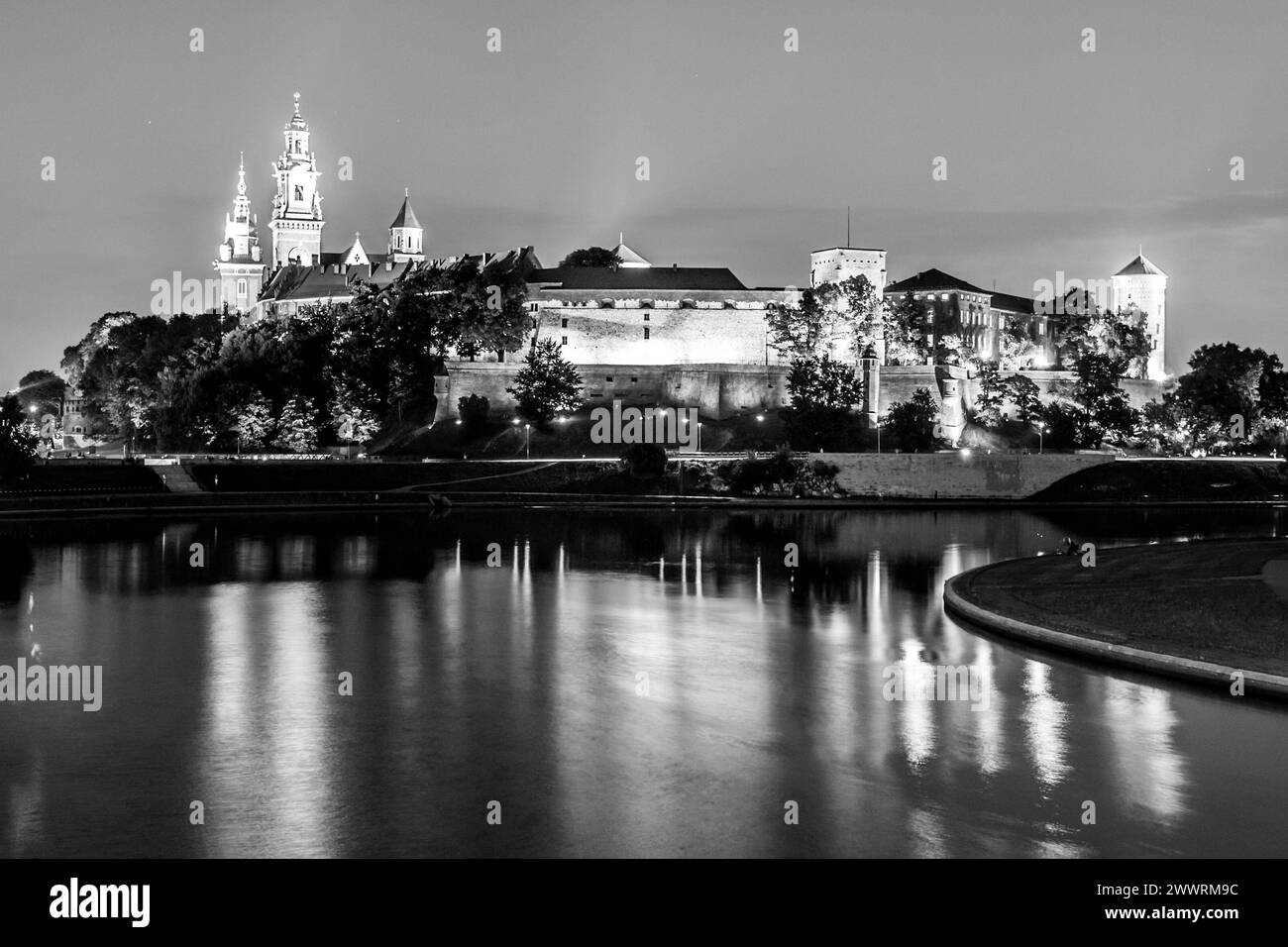 Wawel Castle on Wawel Hill above Vistula river by night, Krakow, Poland ...