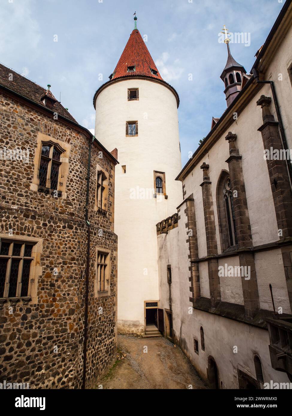 Big white tower of Krivoklat Castle view from courtyard Stock Photo - Alamy