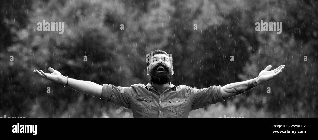 Bearded Man Under Rain Autumn Rain Relaxation Concept Positive Thinking Stormy Weather Stock