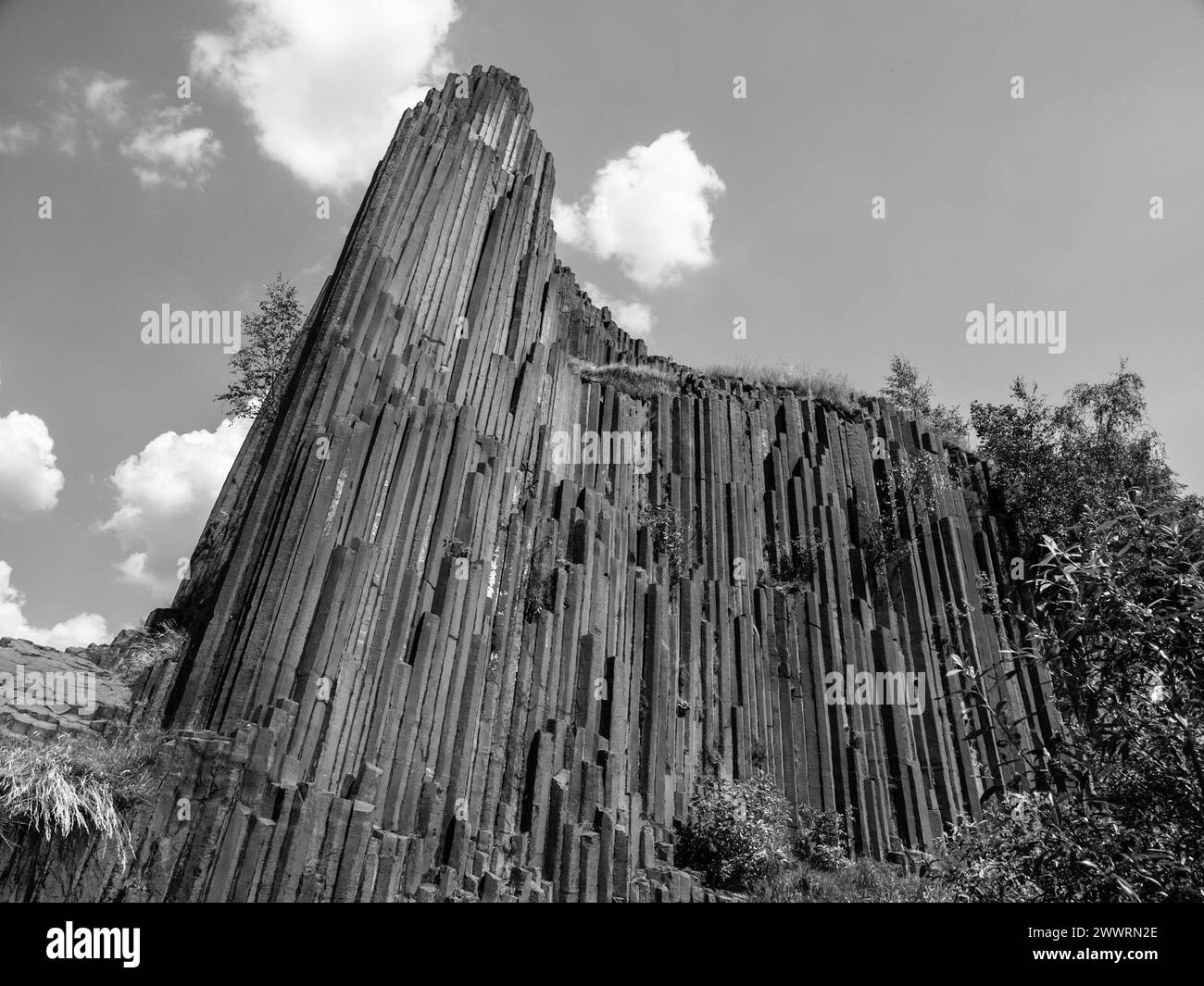 Basalt organ pipes of Panska skala (Czech Republic) in black and white ...