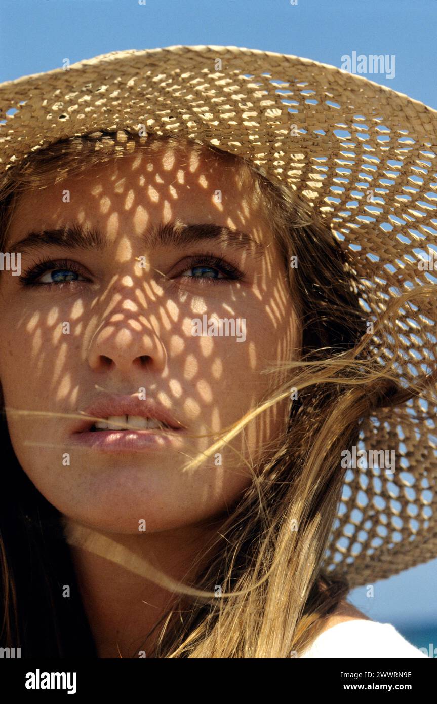 pretty blond hair young woman portrait looking front camera very exciting face and healthy good ...