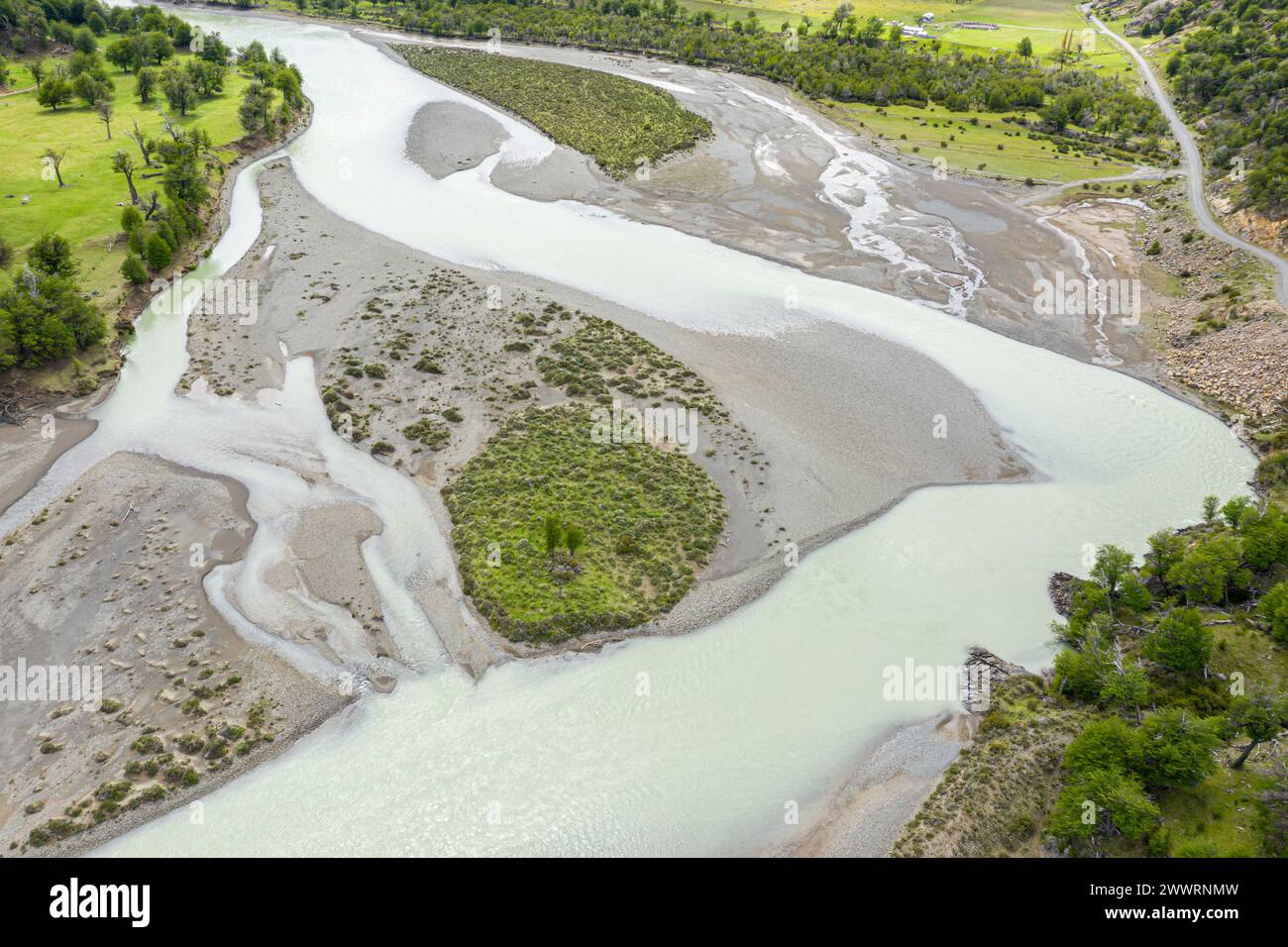 River Rio Ventisquero, upper part of Rio Mayer, wide branching river ...