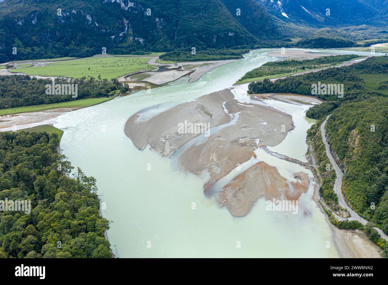 River Rio Baker upstream village Caleta Tortel, road Carretera Austral ...